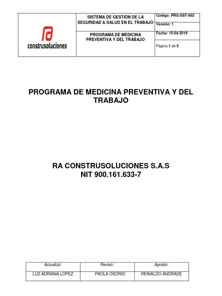 PRG SST 002 Programa de Medicina Preventiva y Del Trabajo | PDF | Seguridad y salud ocupacional ...