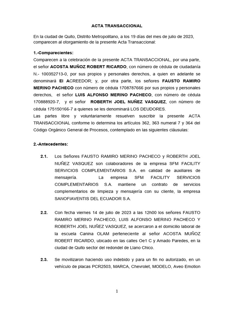 Acta Transaccional Caso SR Fausto Merino - Robert Acosta | PDF | Res ...