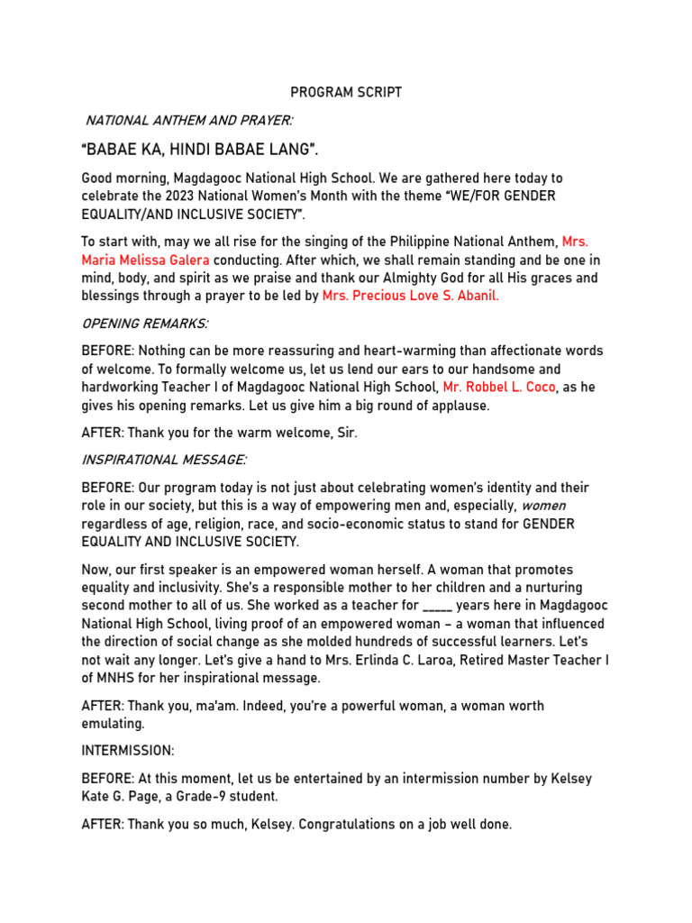 PROGRAM-SCRIPT Edited | PDF | Gender | Gender Studies