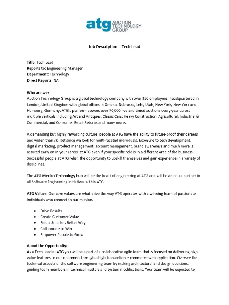 Tech Lead Job Description at ATG | PDF | Agile Software Development ...
