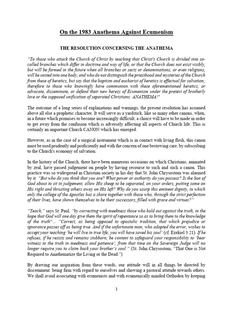 On The 1983 Anathema Against Ecumenism | PDF | Ecumenism | Catholic Church