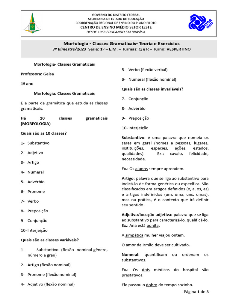Morfologia - Classes Gramaticais - Teoria e Exercícios - 1 ANO - SETOR ...