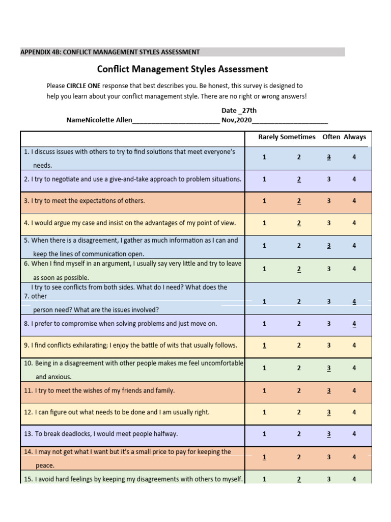 APPENDIX 4B Conflict Management Styles Assessment | PDF | Goal | Cognition