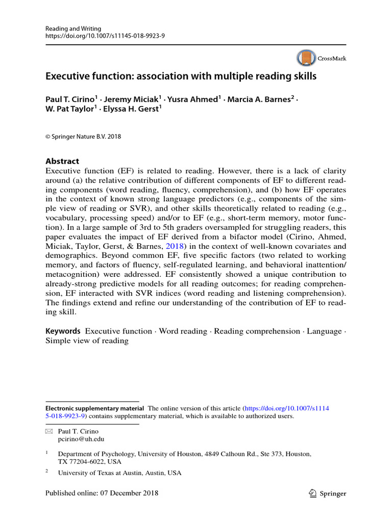 Executive Function: Association With Multiple Reading Skill | PDF ...