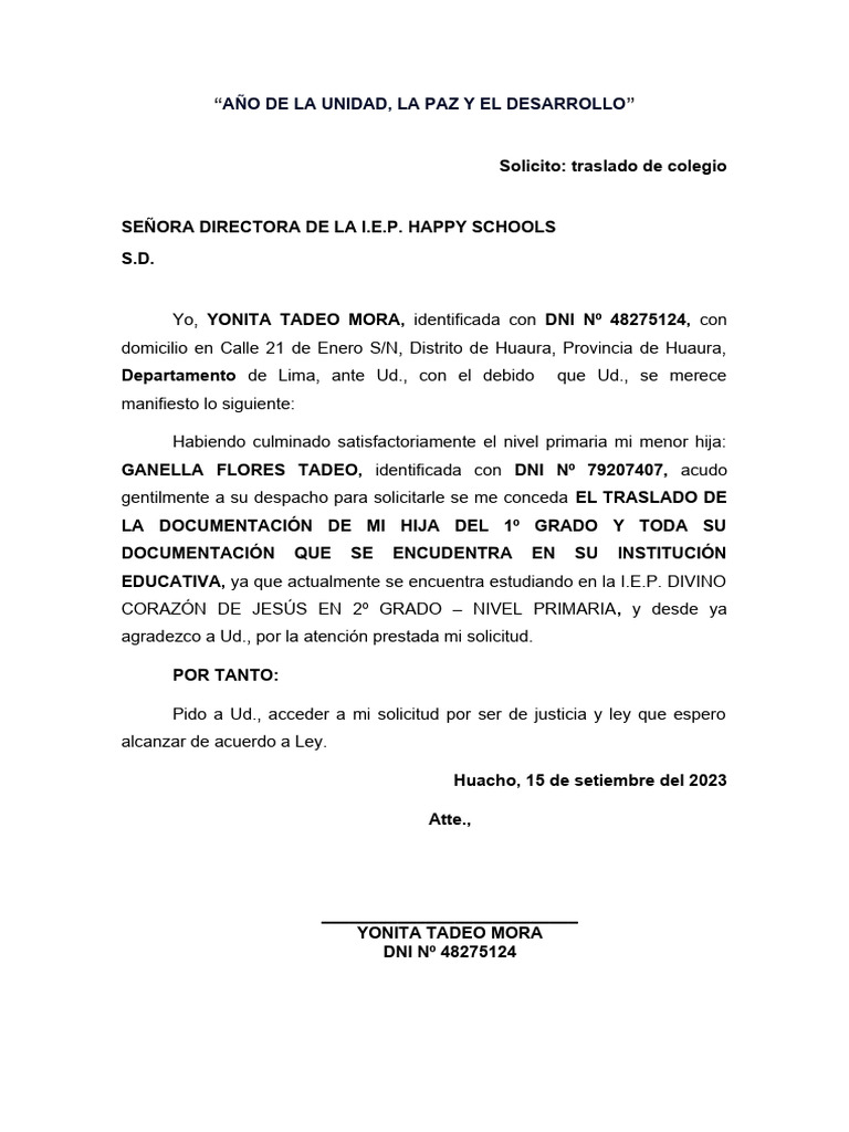 Solicito Traslado de Colegio 2023 | PDF