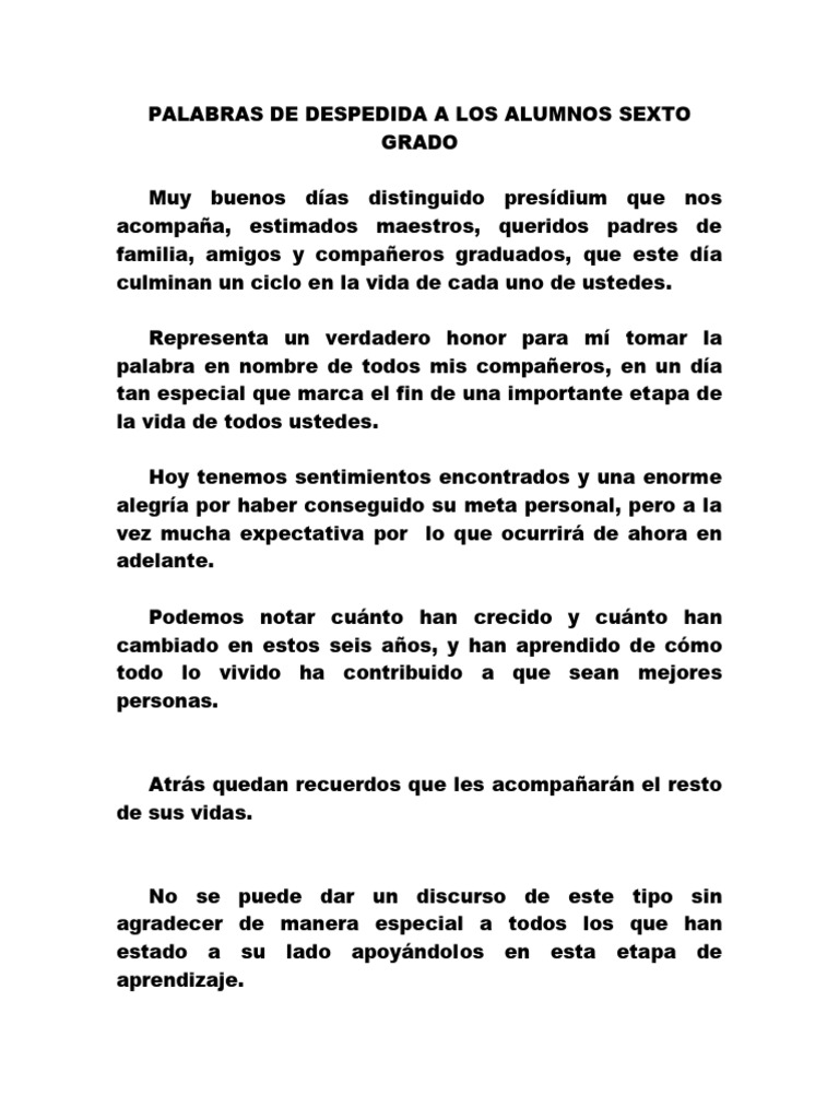 Palabras de Despedida Sexto Grado | PDF