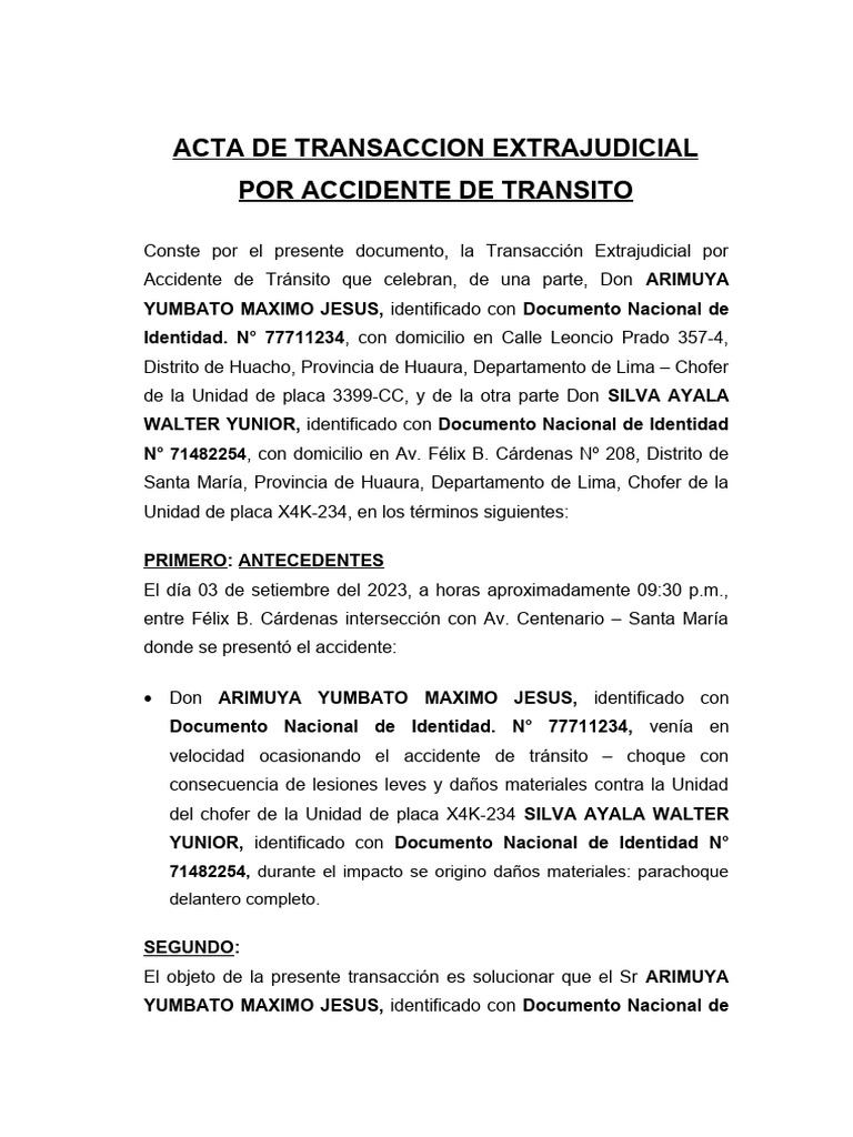 Acta de Transaccion Extrajudicial Por Choque de Dos Vehiculos 20231 | PDF | Coche | Transporte
