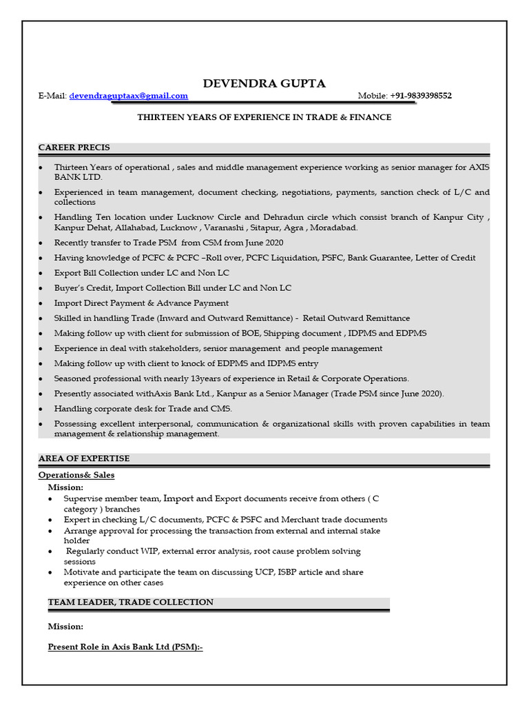 Devendra GUPTA - Latest CV | PDF | Letter Of Credit | Banks