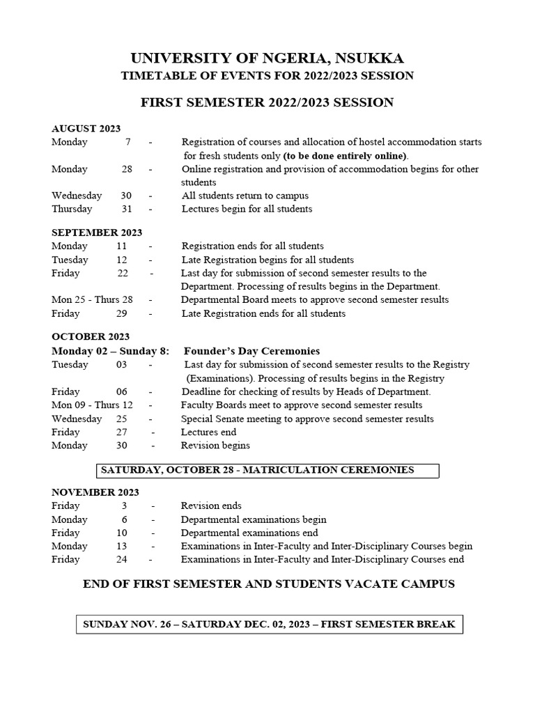 Timetable of Events For 2022-2023 Session | PDF | Academic Term | Academia