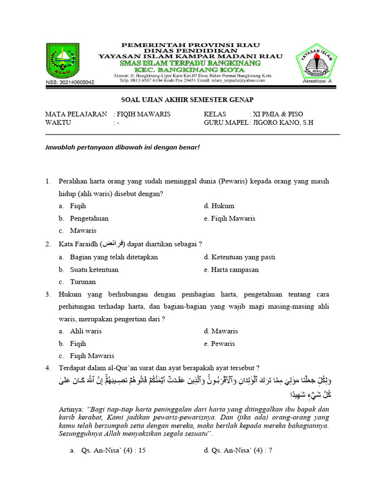 Soal UAS Fiqih Mawaris Kelas XI | PDF