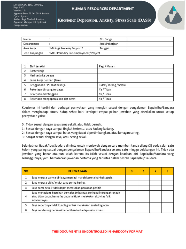 CDC-HRD-000-F202 Kuesioner Depression Anxiety Stress Scale (DASS) Ind | PDF