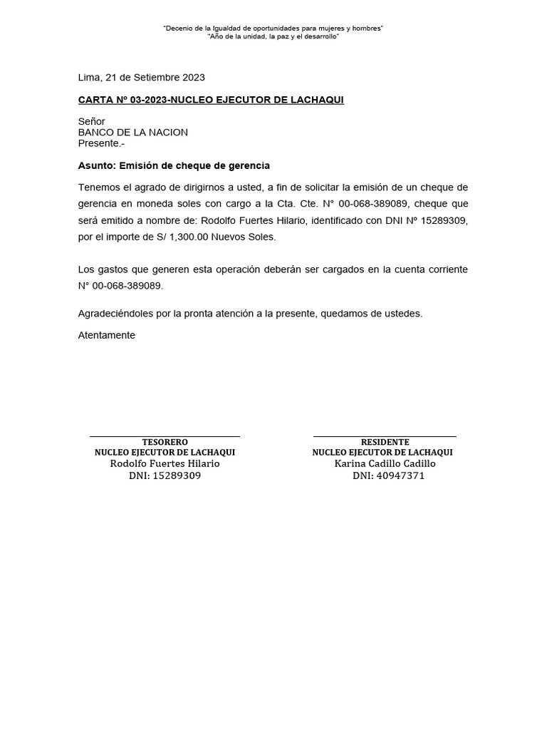 Carta Cheques de Gerencia para Nucleos | PDF