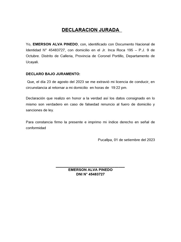 DECLARACION JURADA de Perdida de Documentos | PDF