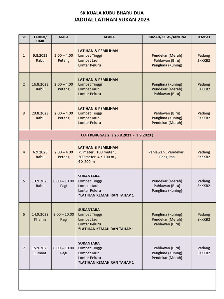 Jadual Latihan SUKAN 2023 | PDF