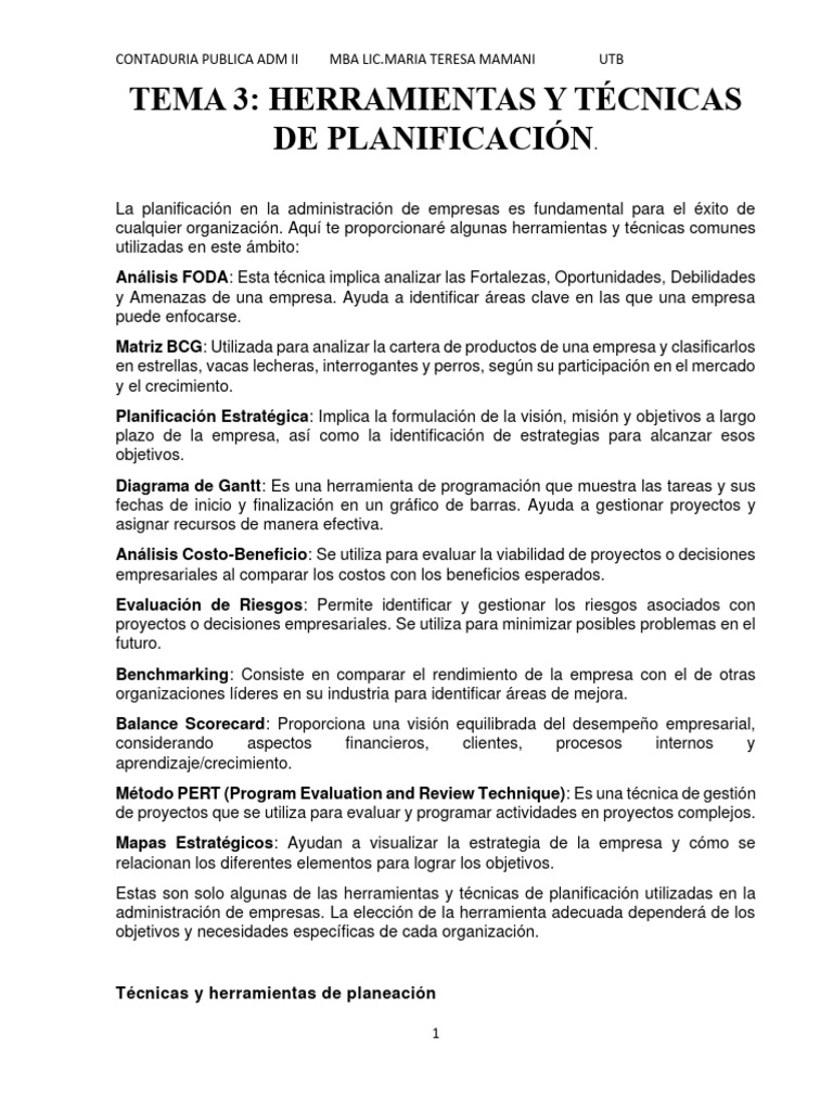 Tema 3 Herramientas y Tecnicas de Planificacion | PDF | Planificación | Análisis FODA