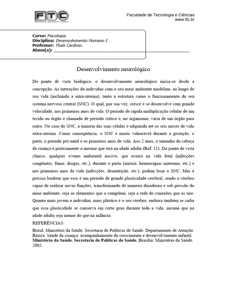 Desenvolvimento Neurológico Texto | PDF | Autoajuda | Bem-estar