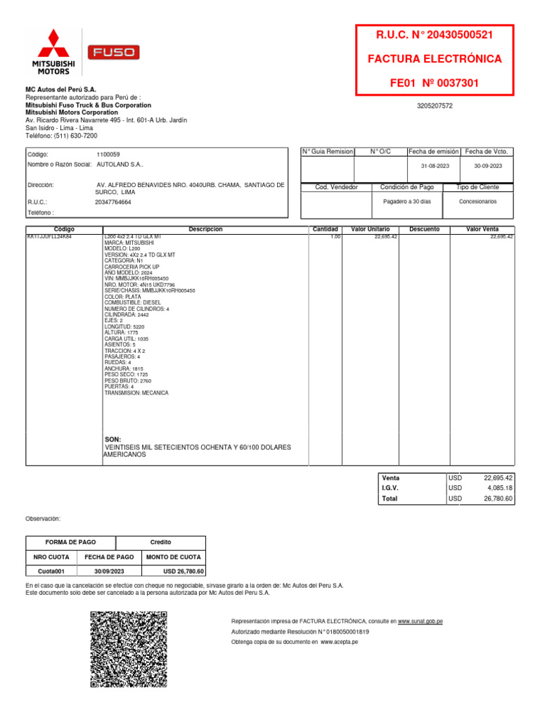 R.U.C. #20430500521 Factura Electrónica FE01 #0037301 | PDF | Estilos ...