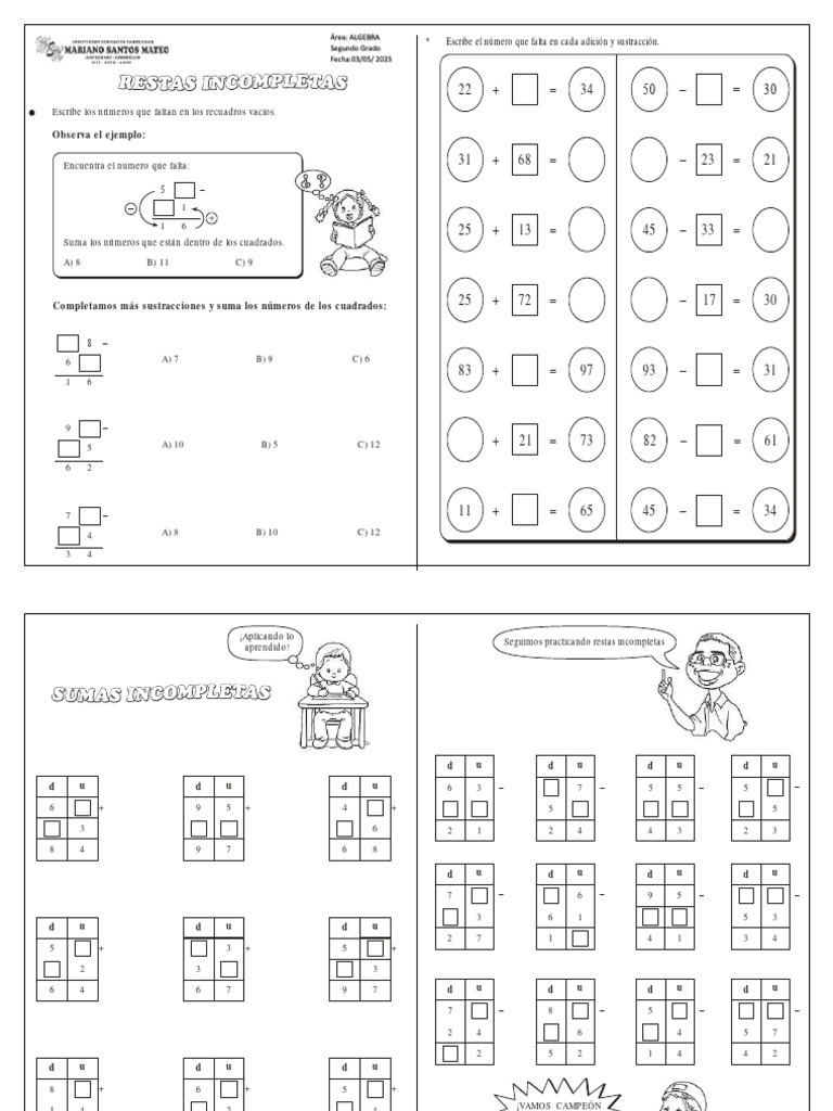 2023 - Algebra - Sumas y Restas Incompletas | PDF | Matemáticas ...