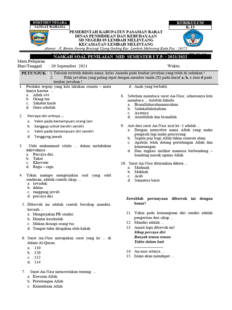 Soal Mid Pai Kelas 3 | PDF