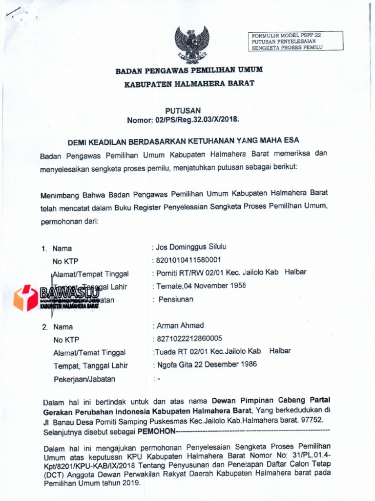 Contoh Isi Surat Formulir Dpps 22. (Partai Garuda Hasil Putusan Bawaslu ...