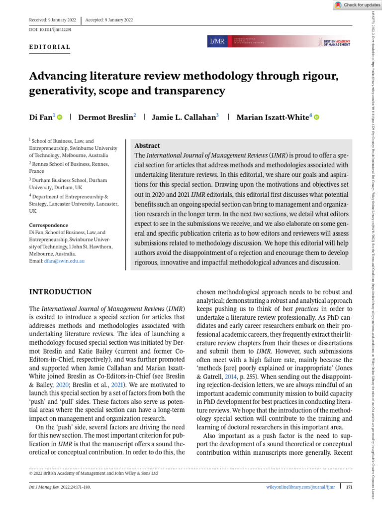 Int J Management Reviews - 2022 - Fan - Advancing Literature Review Methodology Through Rigour ...