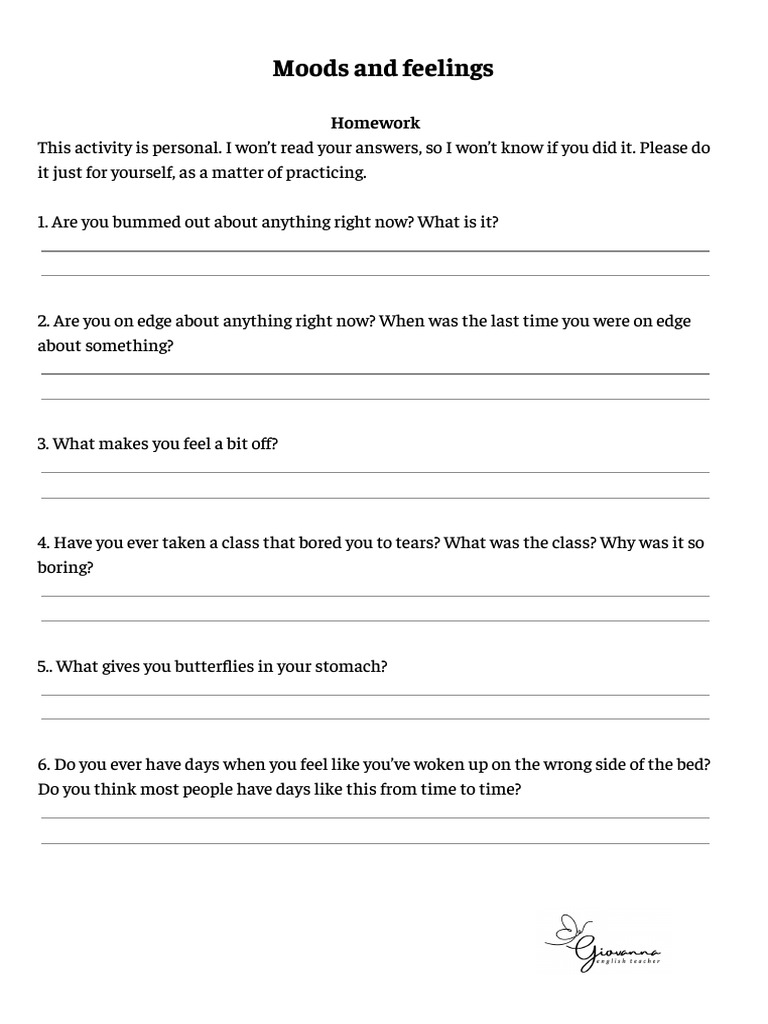 Moods and Feelings Homework | PDF
