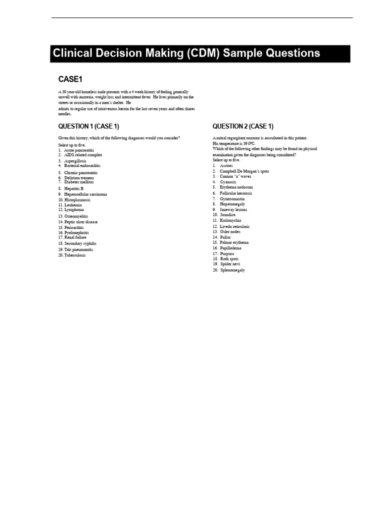 Clinical Decision Making CDM Sample Questions | PDF | Medical ...