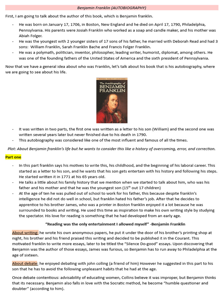 Benjamin Franklin Autobiography | PDF | Benjamin Franklin | Virtue