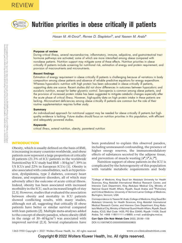 Nutrition for Obese ICU Patients | PDF | Obesity | Adipose Tissue