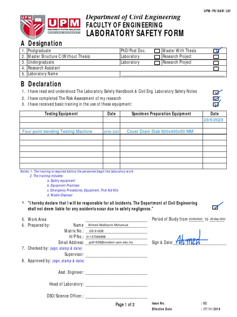 Laboratory Safety Form for Civil Engineering | PDF | Laboratories ...