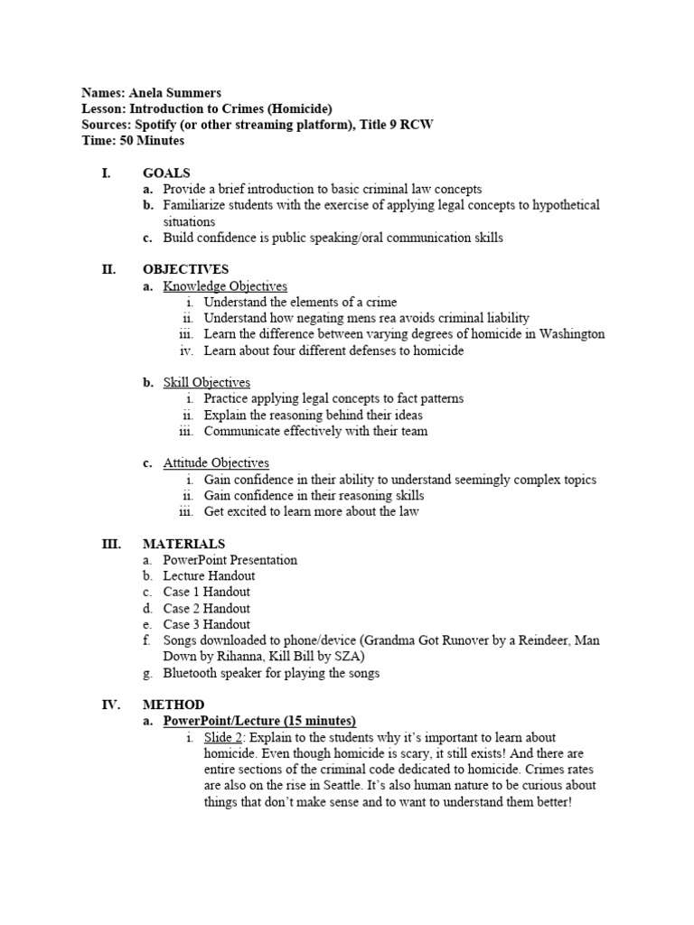Homicide Lesson Plan | PDF | Mens Rea | Manslaughter