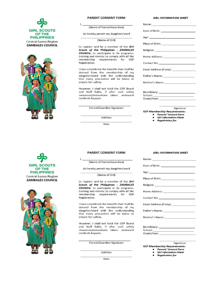 GSP Parental Consent and Girl Info Sheet Form 2023 | PDF