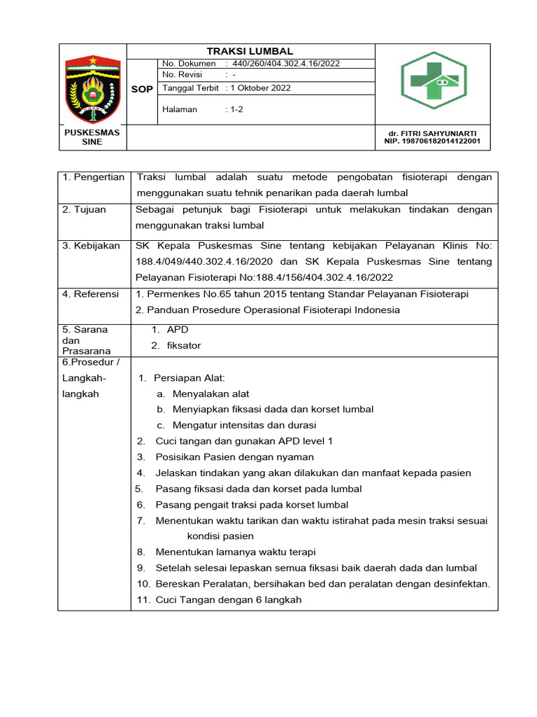 SOP Traksi Lumbal Puskesmas | PDF