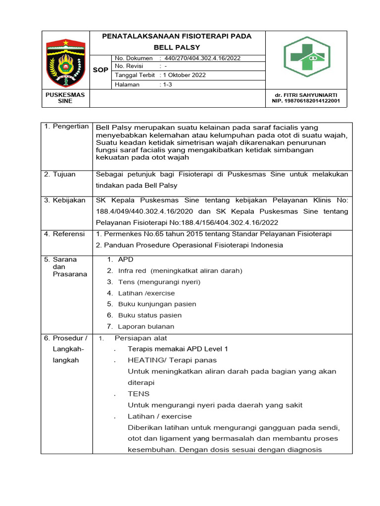 270 Sop Penatalaksanaan Fisioterapi Pada Bells Palsy | PDF