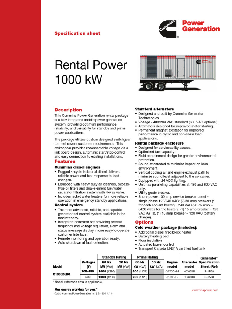 1000 kW Cummins Rental Power Specs | PDF | Alternating Current ...