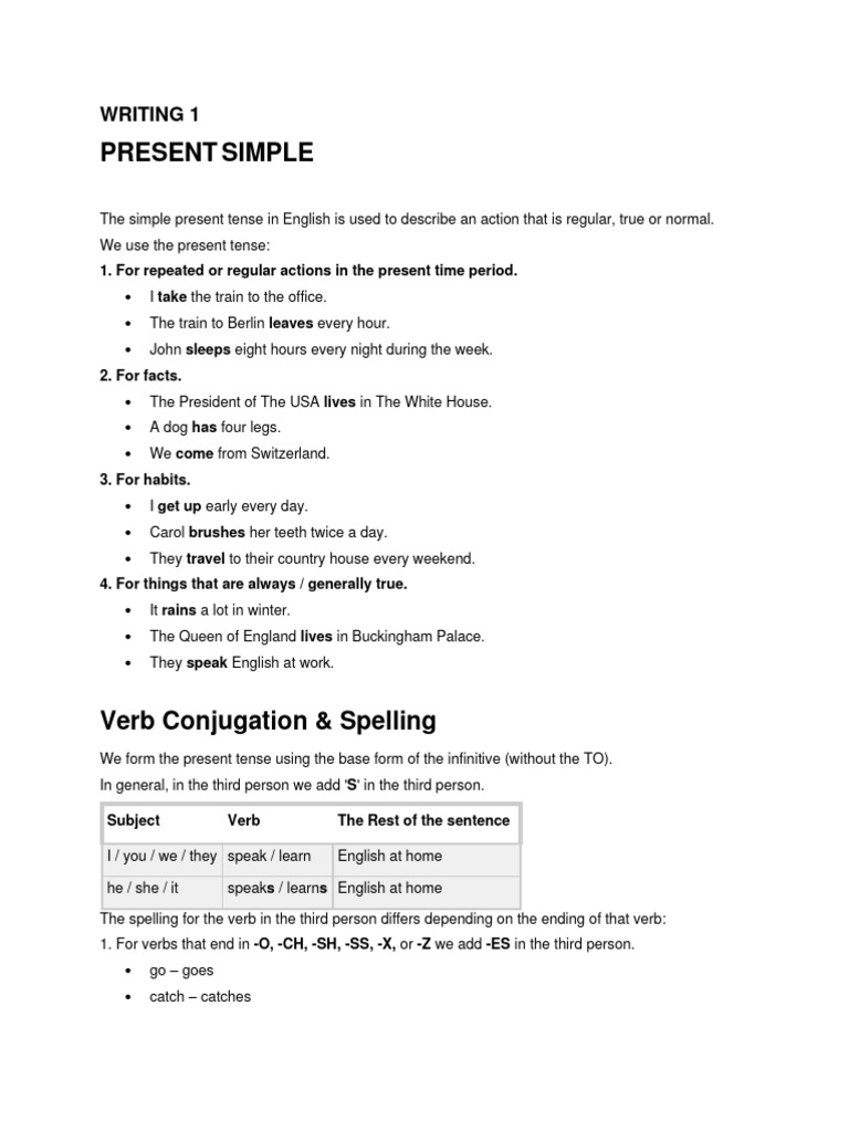 WRITING 1 Simple Present | Download Free PDF | Verb | English Language