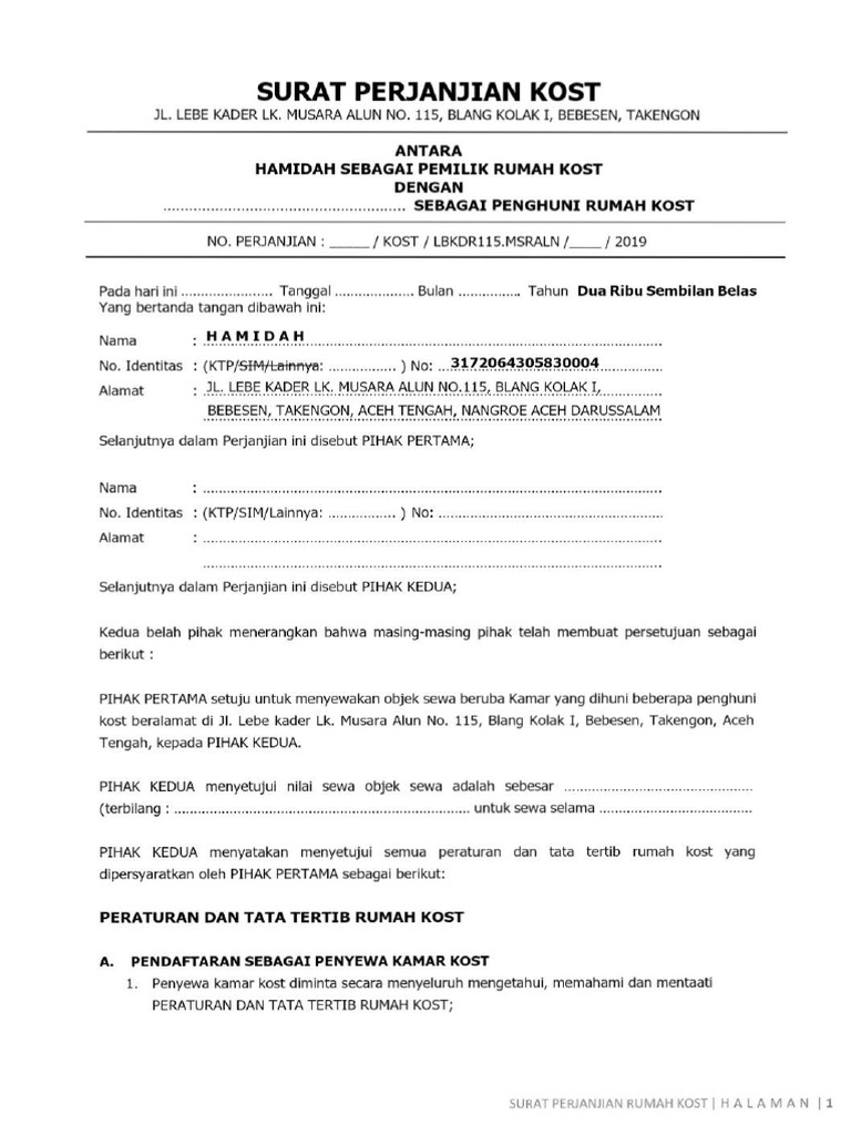 Surat Perjanjian Kost | PDF