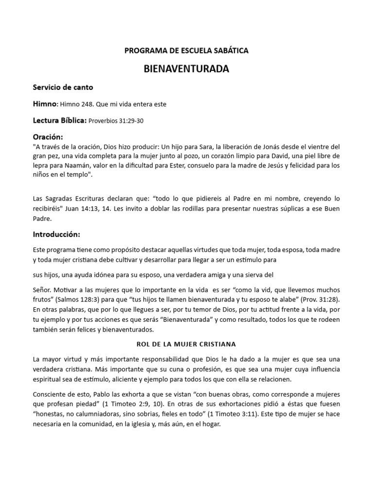 Programa Escuela Sabatica Bienaventuradas | PDF | San Pedro | Amor