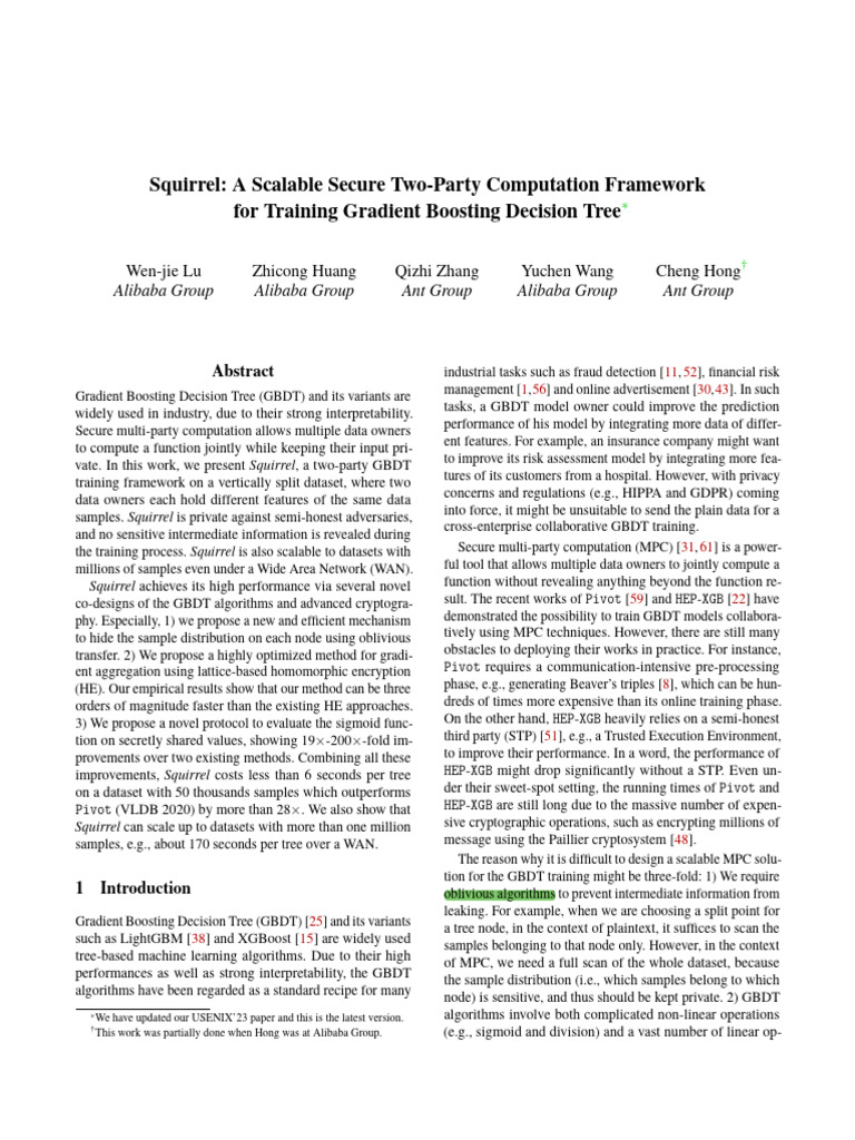 Squirrel: A Scalable Secure Two-Party Computation Framework For Training Gradient Boosting ...