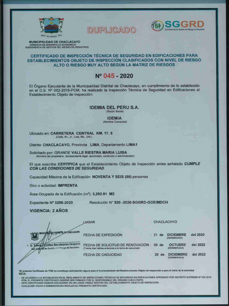 Certificado de Inspeccion Tecnica de Seguridad en Edificaciones Planta Chaclacayo | PDF