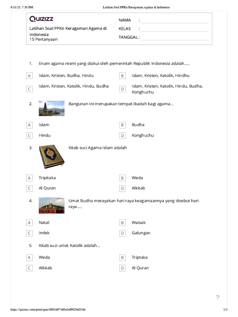 Latihan Soal PPKN Keragaman Agama Di Indonesia | PDF
