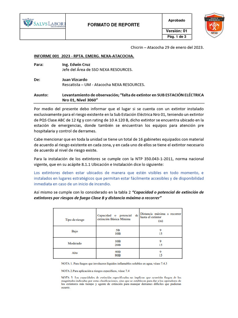 Informe 001 - 2023 NEXA - Levantamiento Observacio S.E.E 01 Nivel 3060 | PDF