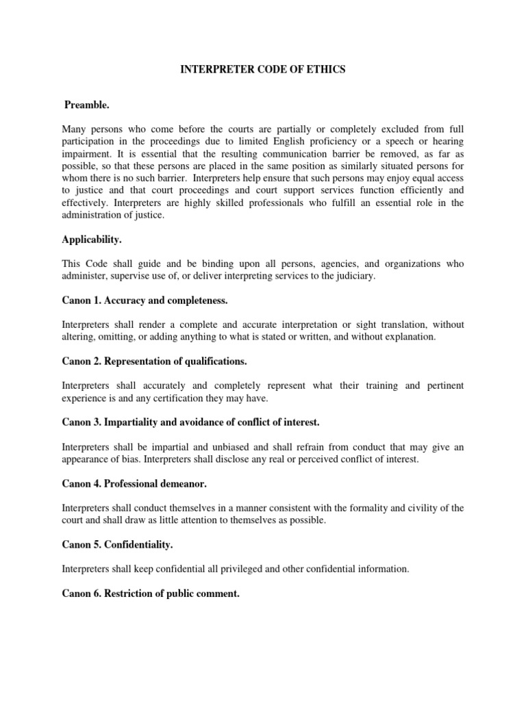 Interpreter Code Of Ethics Pdf Language Interpretation Conflict Of Interest