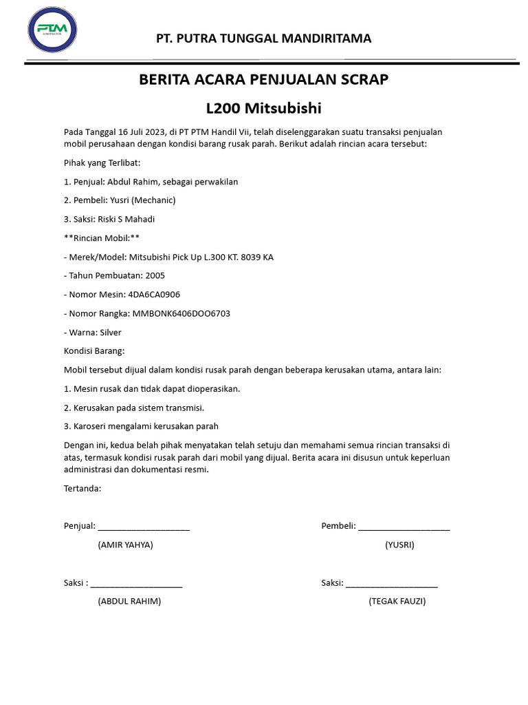 Berita Acara Penjualan Scrap | PDF | Teknologi & Rekayasa
