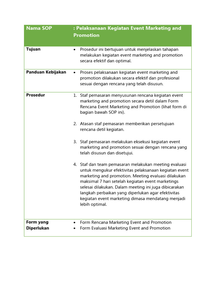 03 SOP Pelaksanaan Kegiatan Event Marketing Promotion | PDF