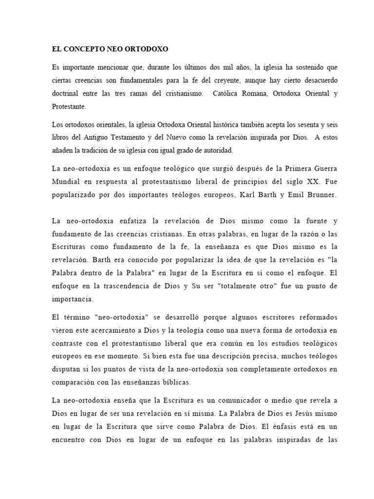 Trabajo Neo Ortodoxia | PDF | protestantismo | Pentecostalismo