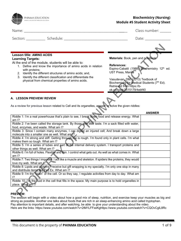 Bio 024 - Session 5 Sas Nursing (New Format) - Watermark | PDF | Amino ...