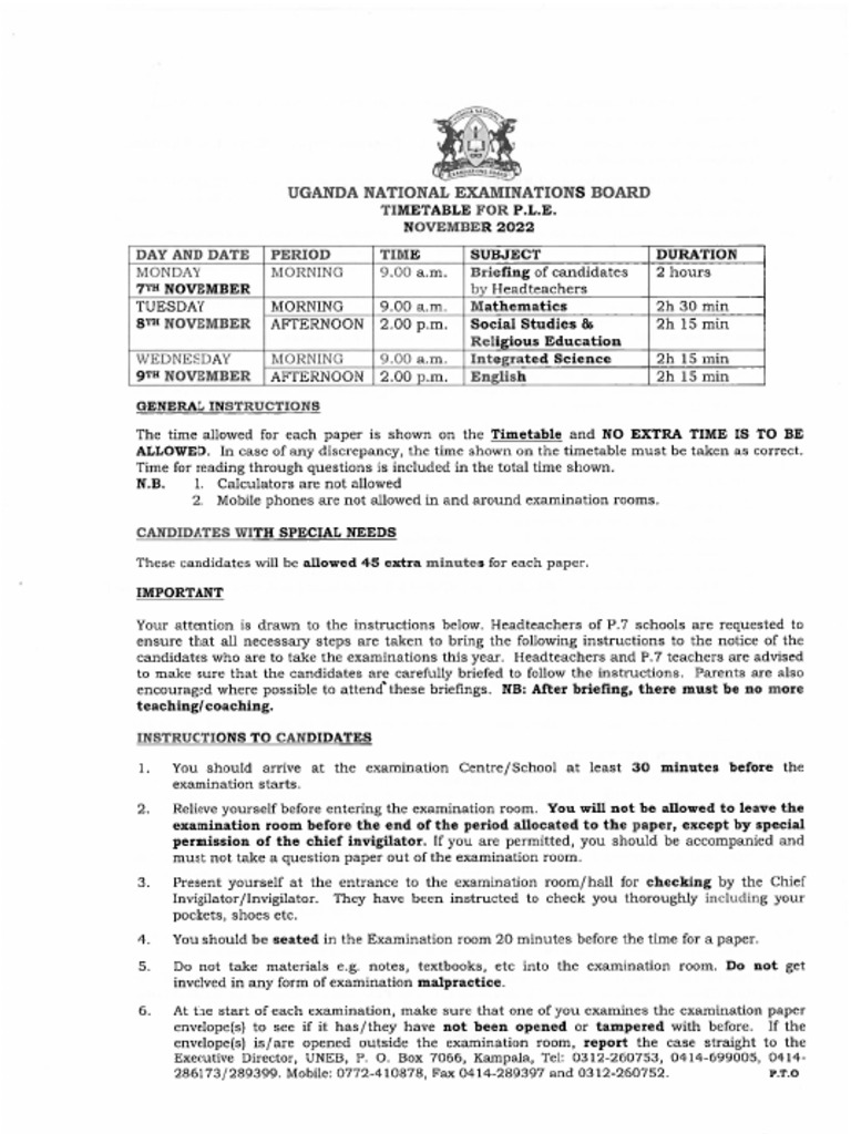 2022 PLE Timetable | PDF