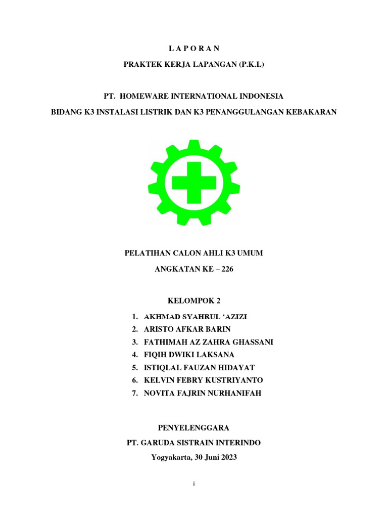 Laporan PKL Kelompok 2 - K3 Instalasi Listrik Dan K3 Penanggulangan Kebakaran | PDF