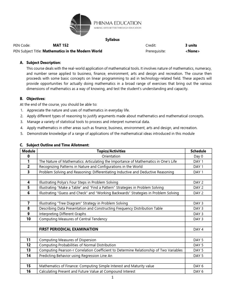 MAT 152 Syllabus - RAD | PDF